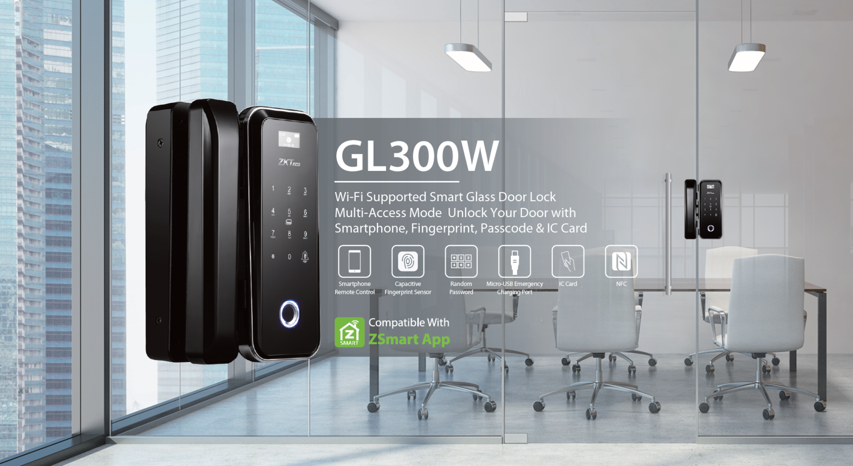 ZKTeco GL300W GLASS DOOR FINGERPRINT SMART LOCK OPEN W/PASSWORD, MF CARD, WiFi